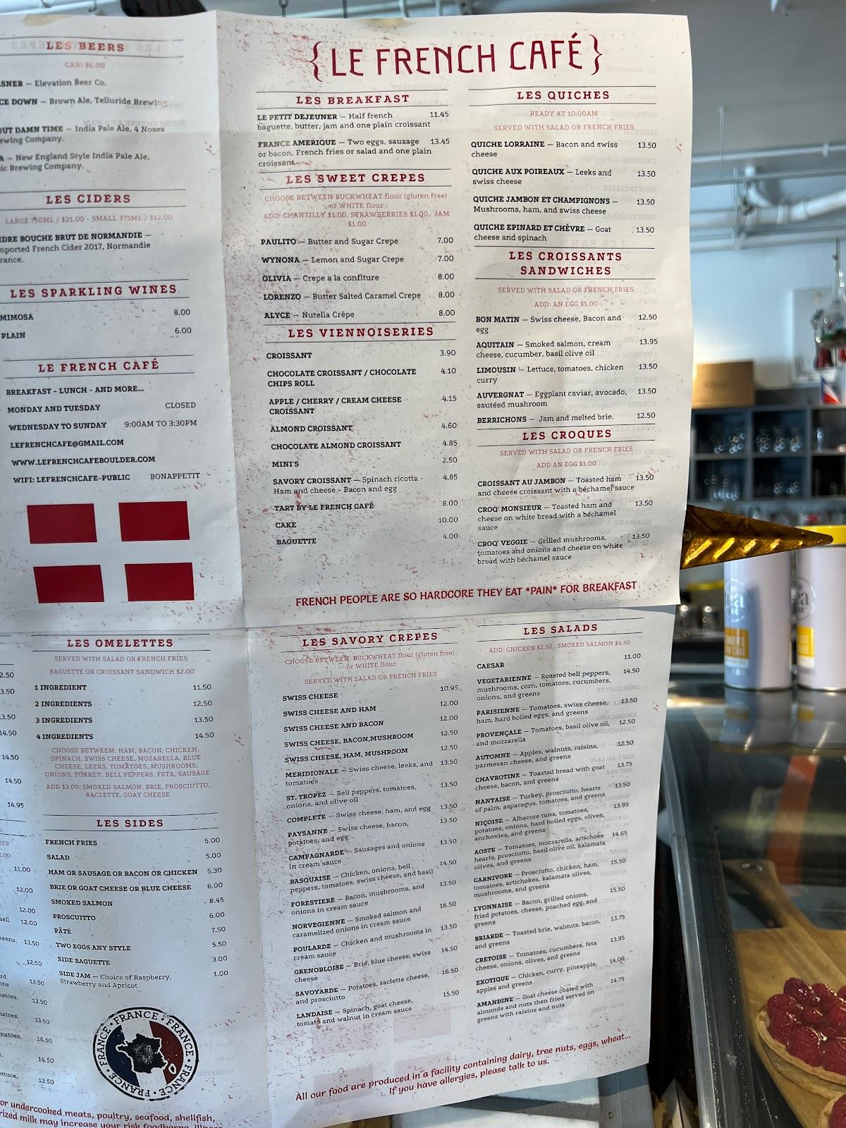 Menu at Le French Café restaurant, Boulder