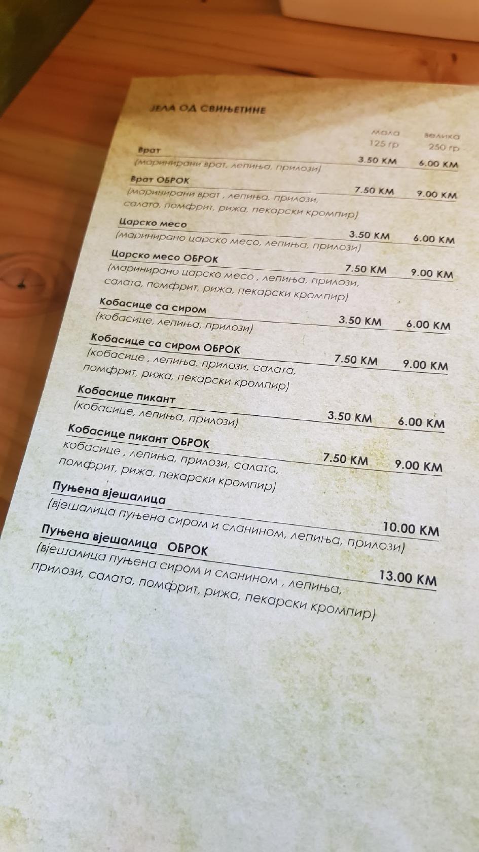 Menu at Roštiljnica i ketering ŽAR Prijedor restaurant, Prijedor