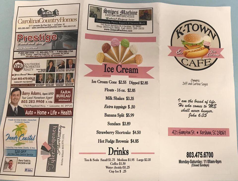 Menu at K-Town Cafe & Ice Cream, Kershaw