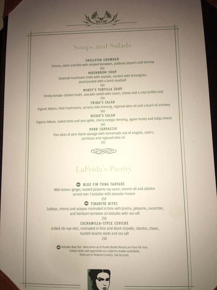 Menu at LaFrida Restaurant, Cabo San Lucas