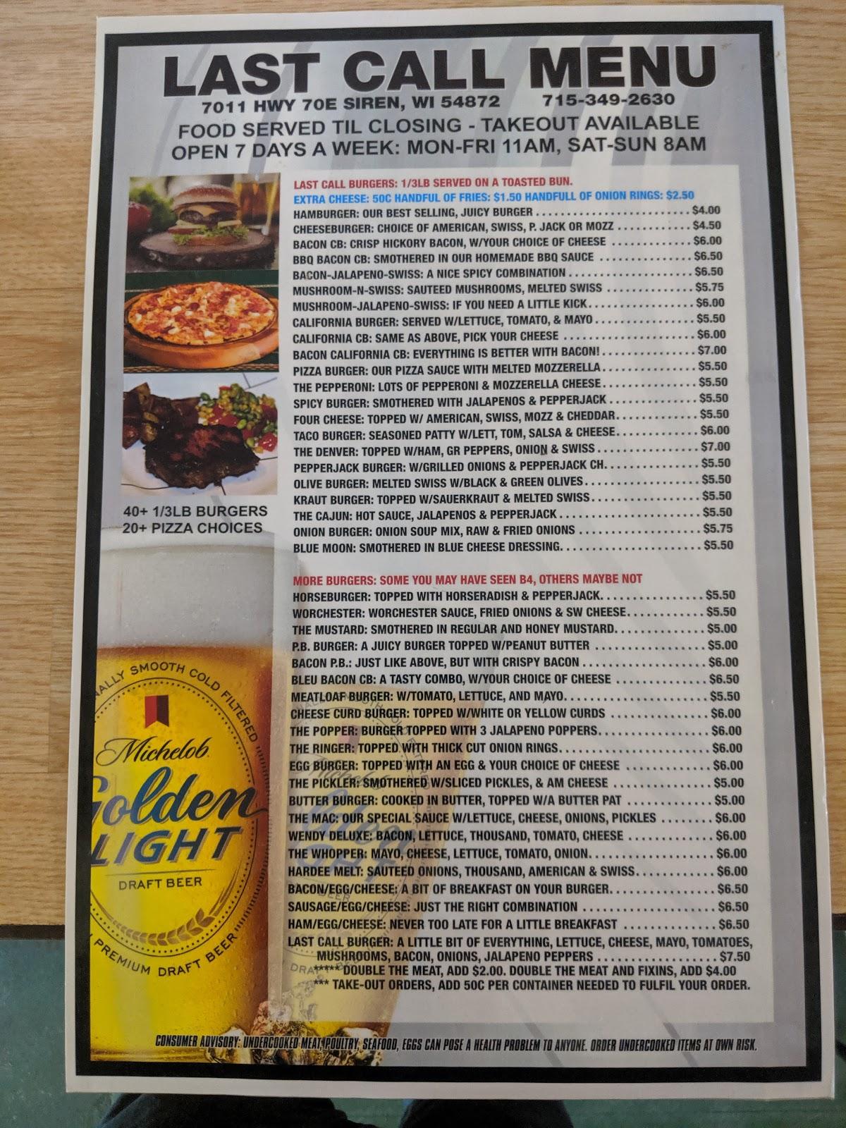 Menu at Last Call Bar N Grill, Siren
