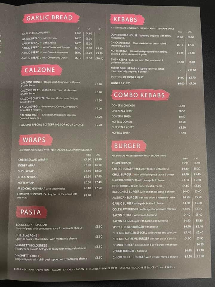 Menu at Pizza Doner fast food, York