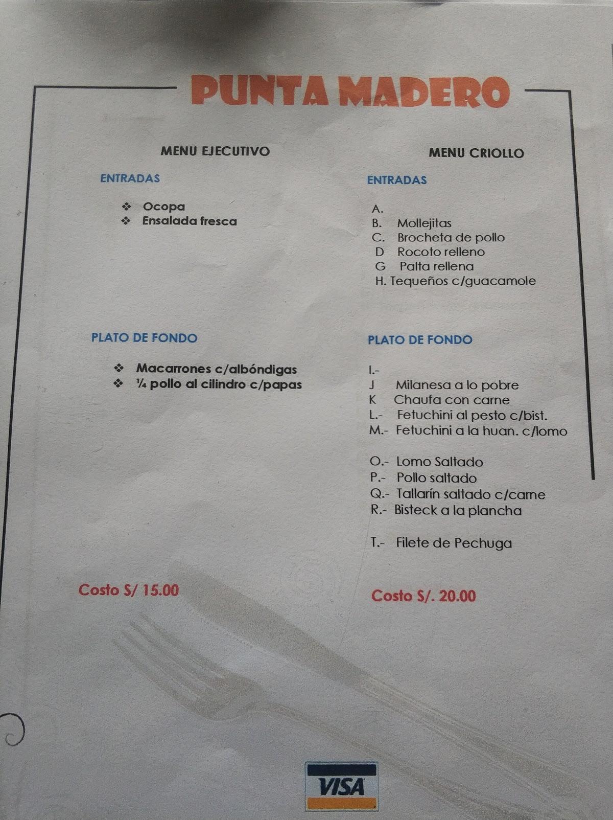 Menu at Punta Madero restaurant, Lima