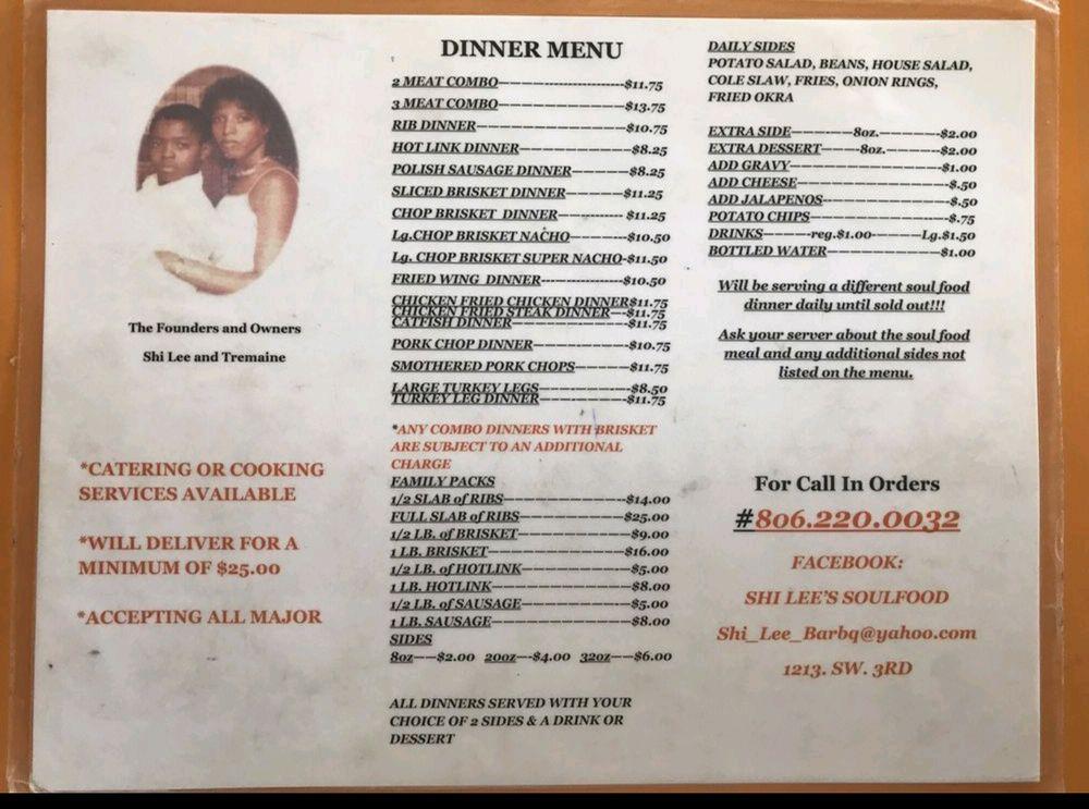 Carta de Shi Lee's Barbecue & Soul Food Cafe, Amarillo
