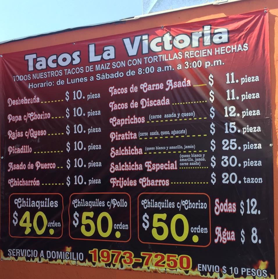 Menu at Tacos La Victoria, Guadalupe, 5 de mayo cruce con av Benito Juárez