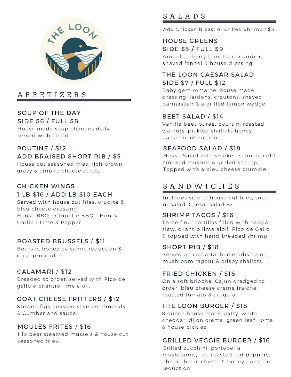 Menu at The Loon Lakefield pub & bar, Lakefield