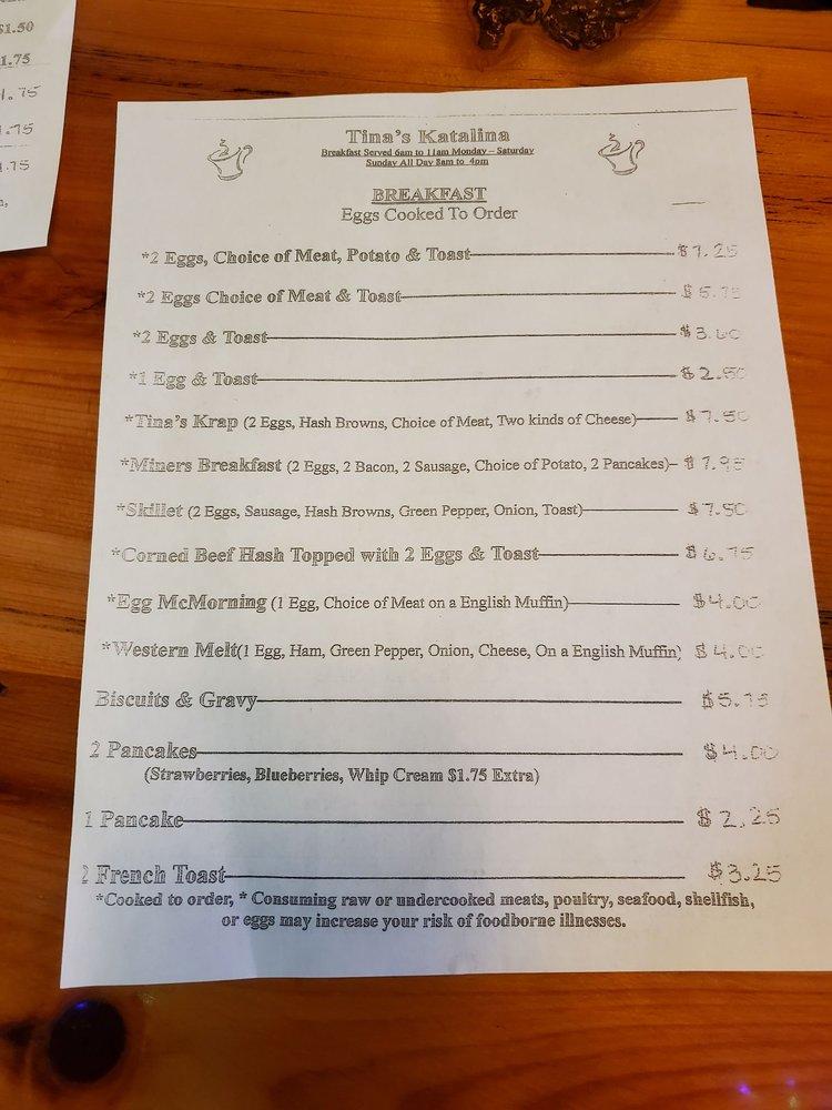 Menu at Tina's Katalina restaurant, South Range, 59 Trimountain Ave