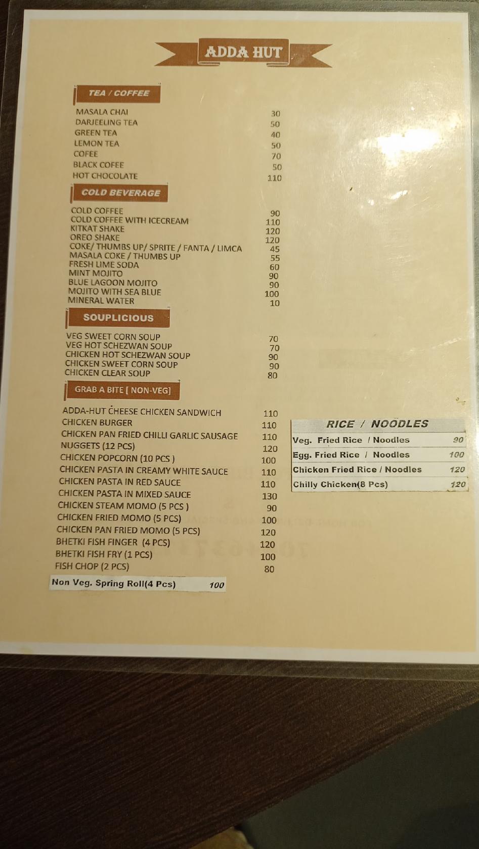 Menu at ADDA HUT, Kolkata