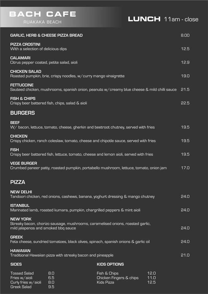 Menu at The Bach Cafe, Ruakaka