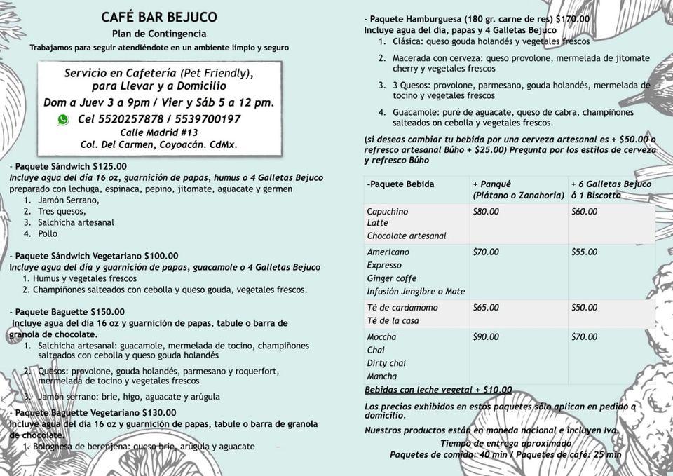 Menu at Bejuco Cafetería - Bar, Mexico City