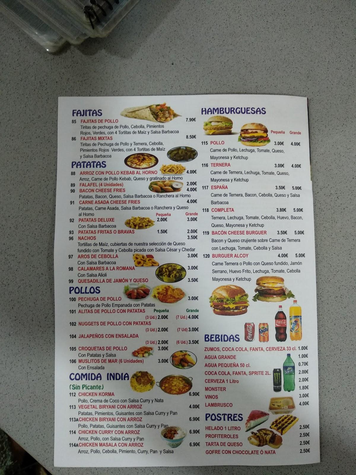 Menu at España doner kebab restaurant, Alcoi