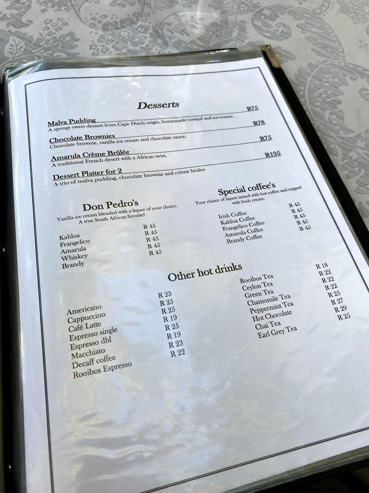 Menu at Oppie Dorp Restaurant, Bistro and Bar, Stellenbosch