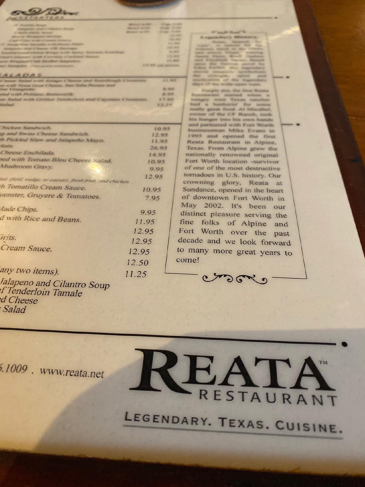 Menu at Reata Restaurant, Fort Worth, 310 Houston St