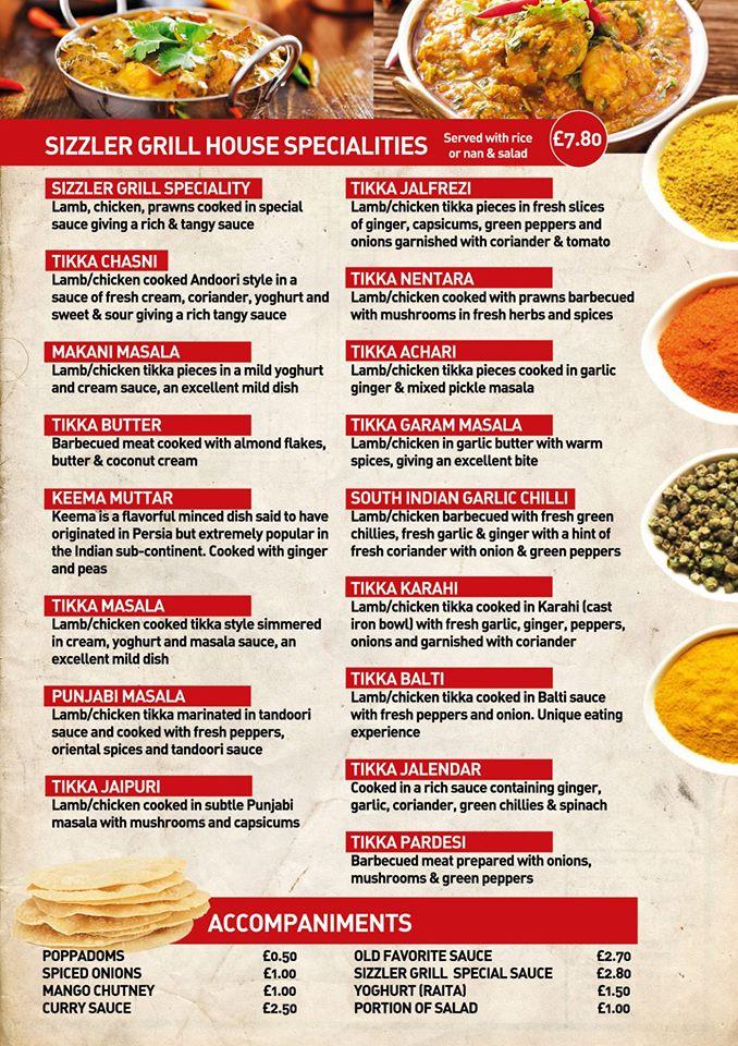 Menu at Sizzler Grill House restaurant, Glasgow