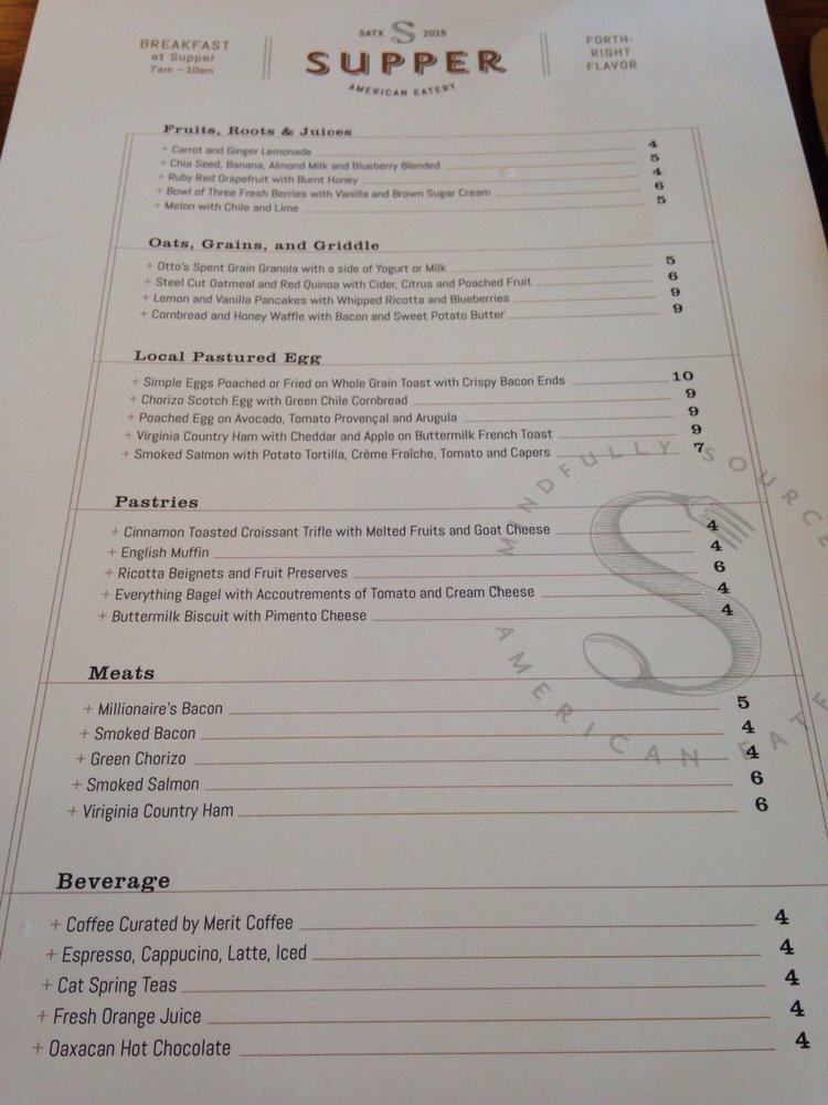Menu at Supper restaurant, San Antonio