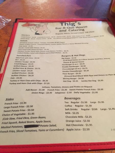 Menu at Thig's BBQ House, Jacksonville