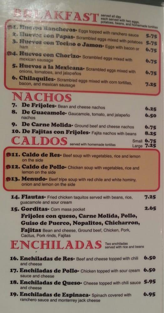Menu at Tipico's restaurant, Dallas