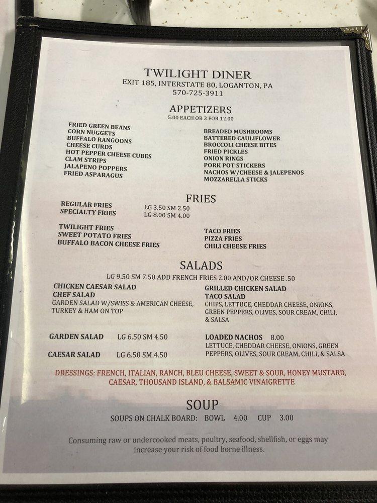 Menu at Twilight Diner restaurant, Loganton