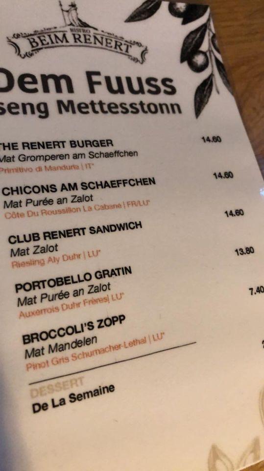 Menu at Beim Renert pub & bar, Luxembourg City
