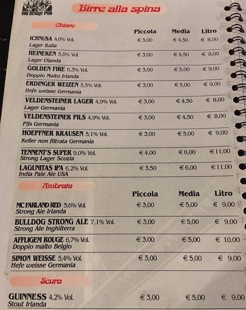 Menu at Old Bridge Pub, Bologna