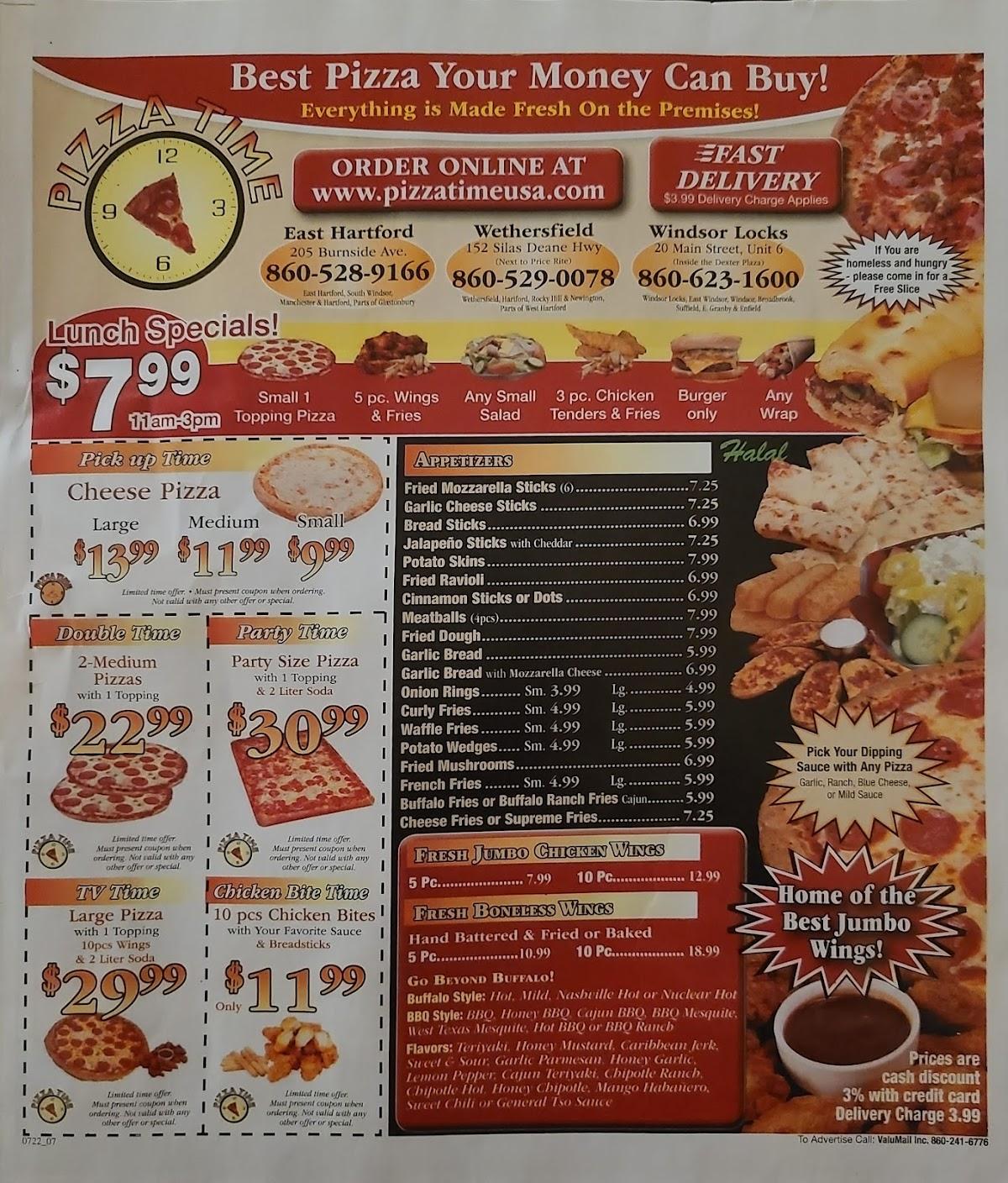Menu at Pizza Time restaurant, Windsor Locks, 20 Main St