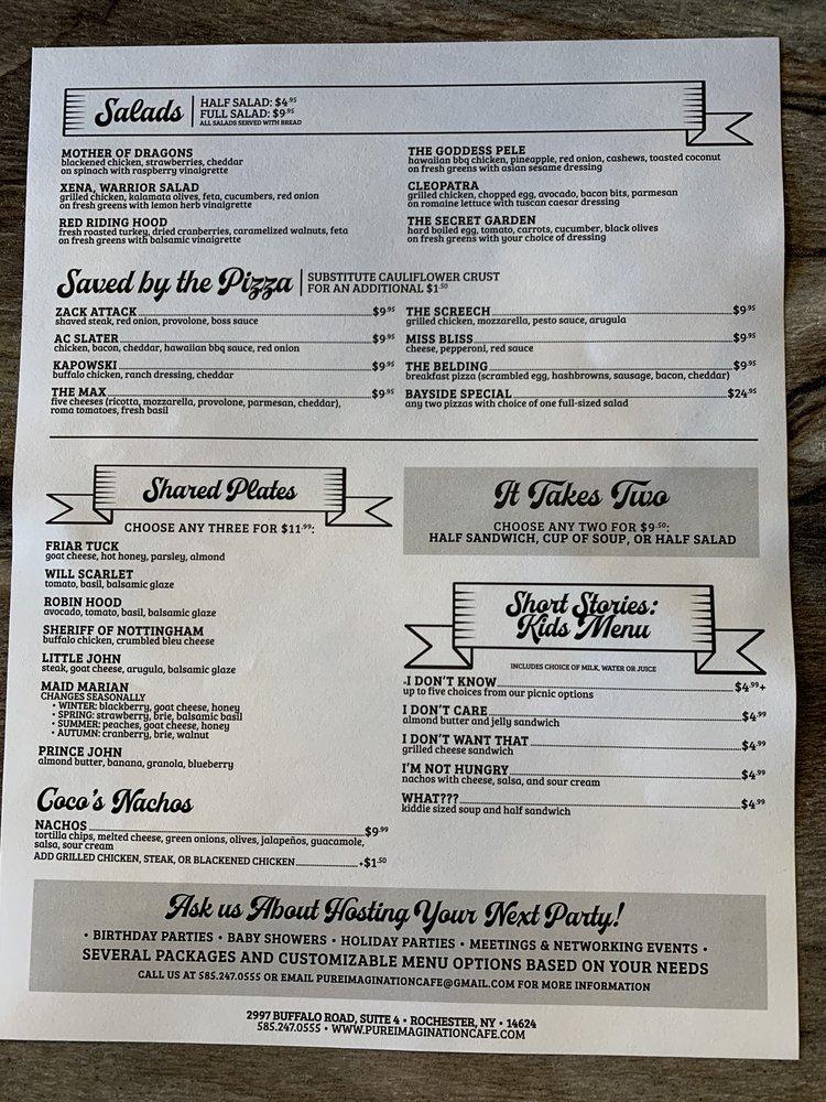 Menu at Pure Imagination Cafe, Rochester