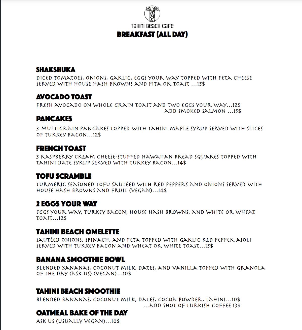 Menu at Tahini Beach Cafe, Bradenton Beach