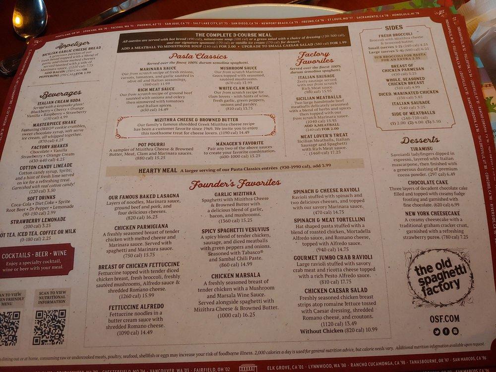 Menu at The Old Spaghetti Factory restaurant, Wichita