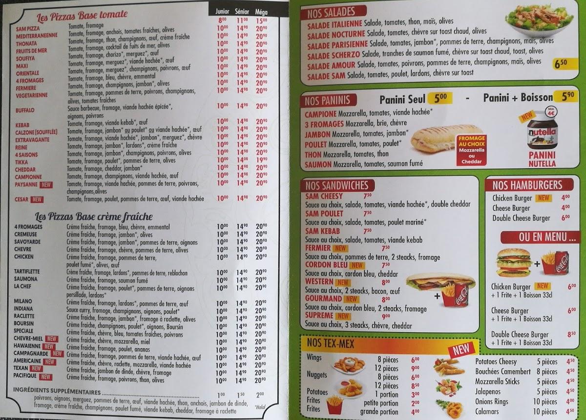 Menu au Sam Pizza pizzeria, Bondy