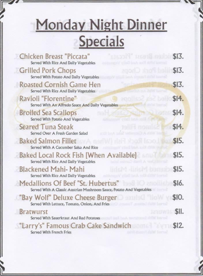 Menu at Bay Wolf Restaurant, Rock Hall