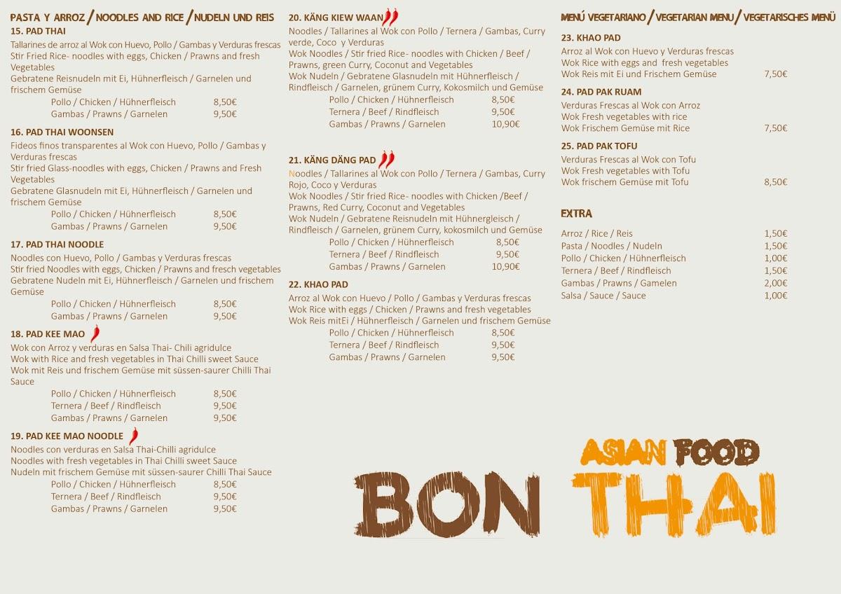 Menu at Bon Thai restaurant, Palma