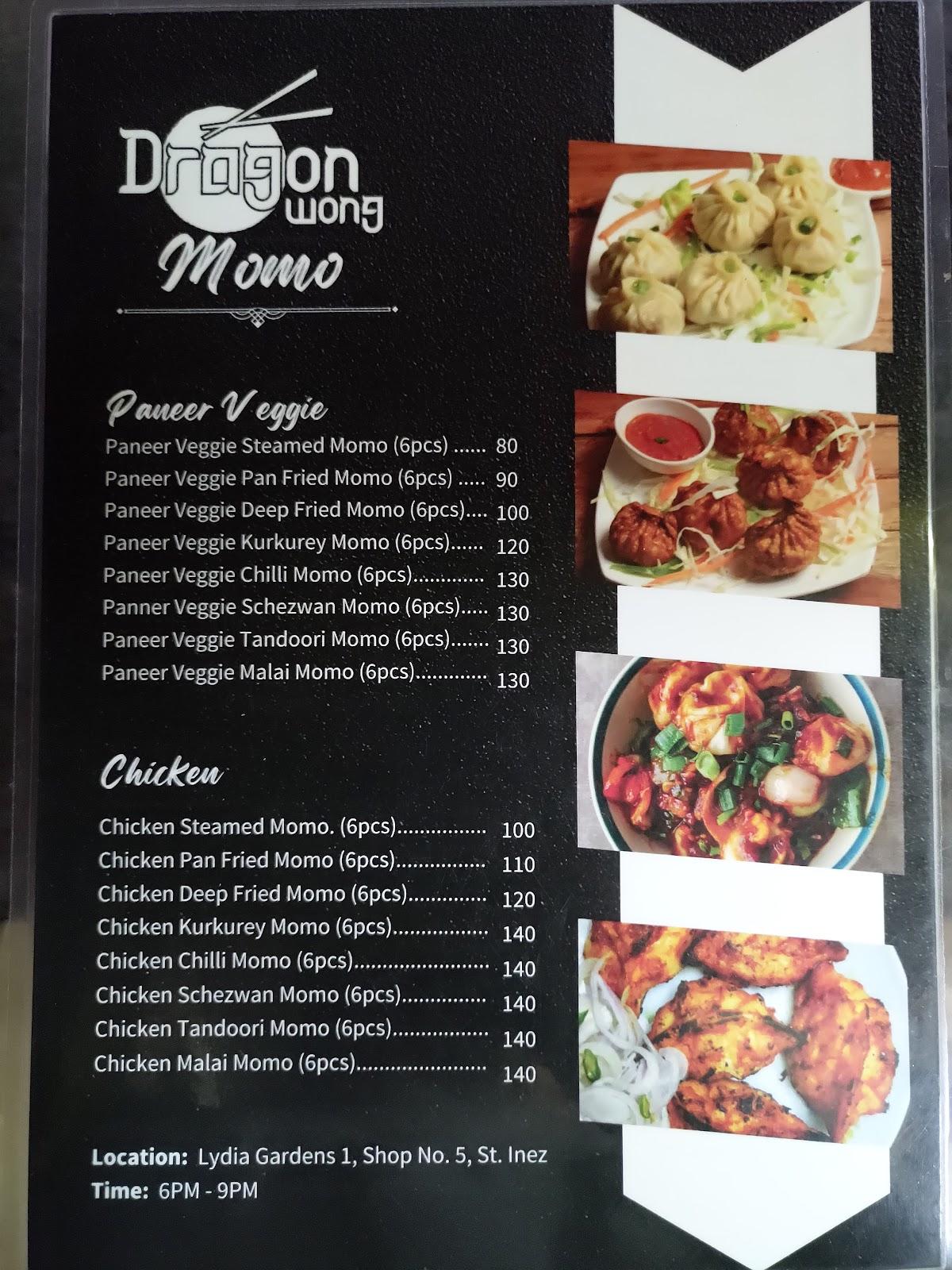 Menu at Dragon Wong, Panaji