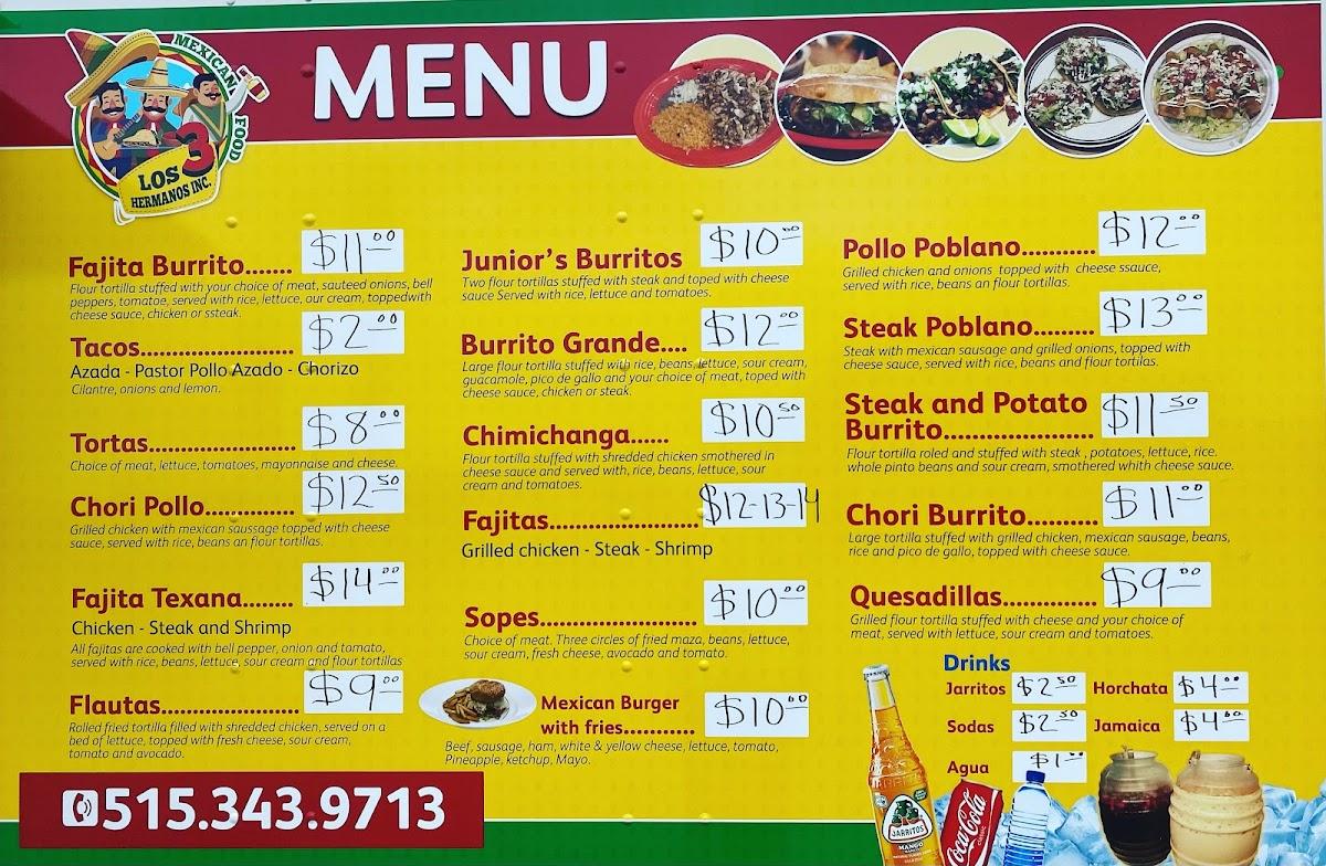 Menu at Los Tres Hermanos Mexican Food restaurant, Adel
