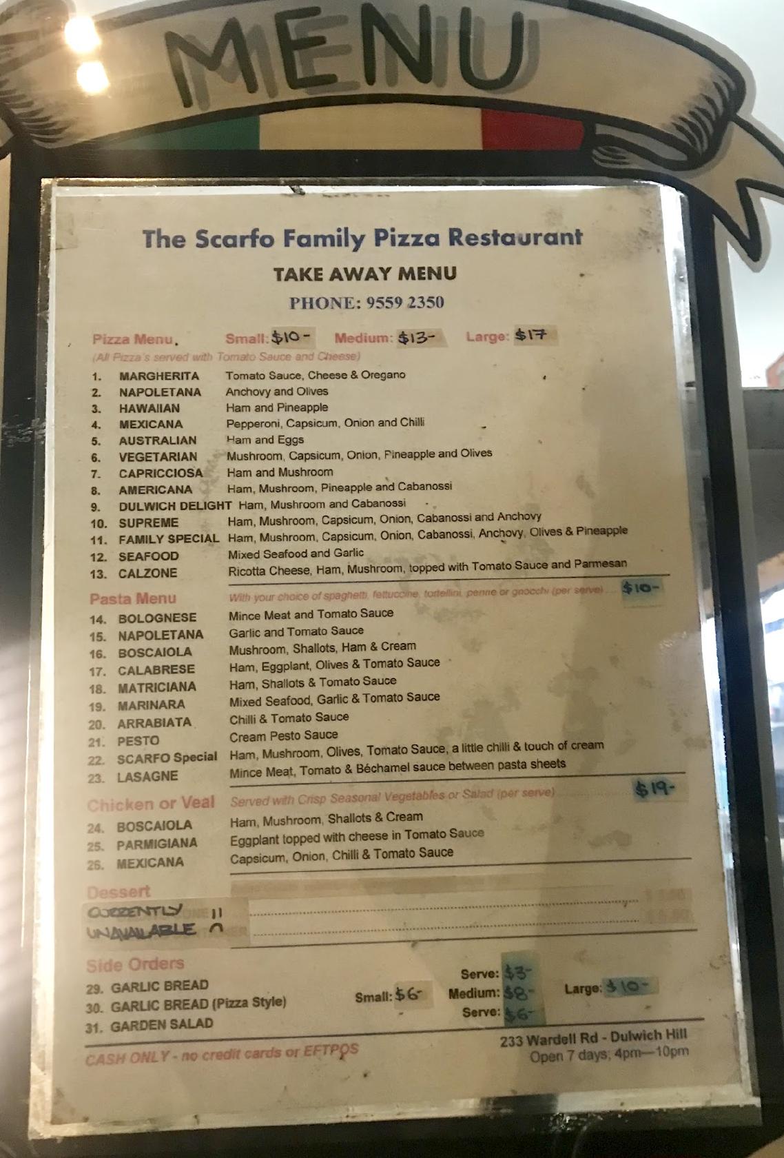 Menu at Scarfo Family Pizza Restaurant, Dulwich Hill