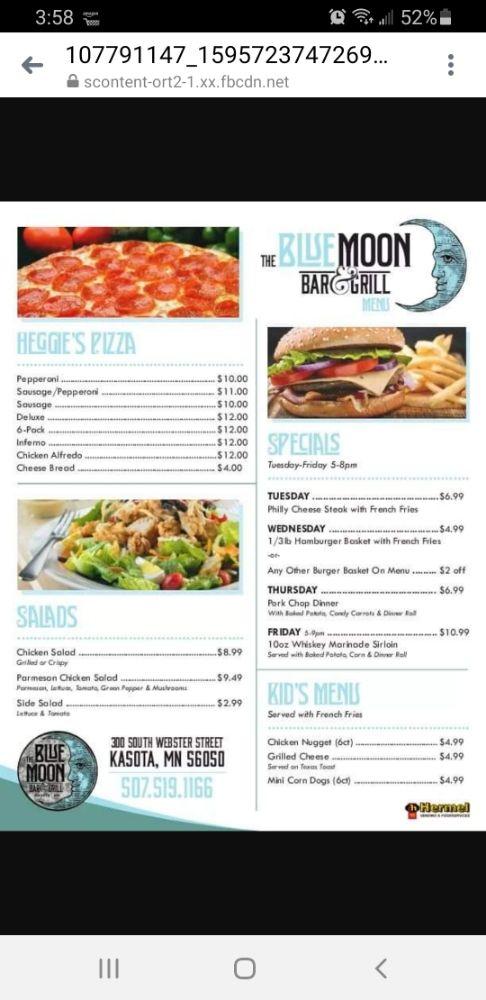 Menu at The Blue Moon Bar and Grill, Kasota