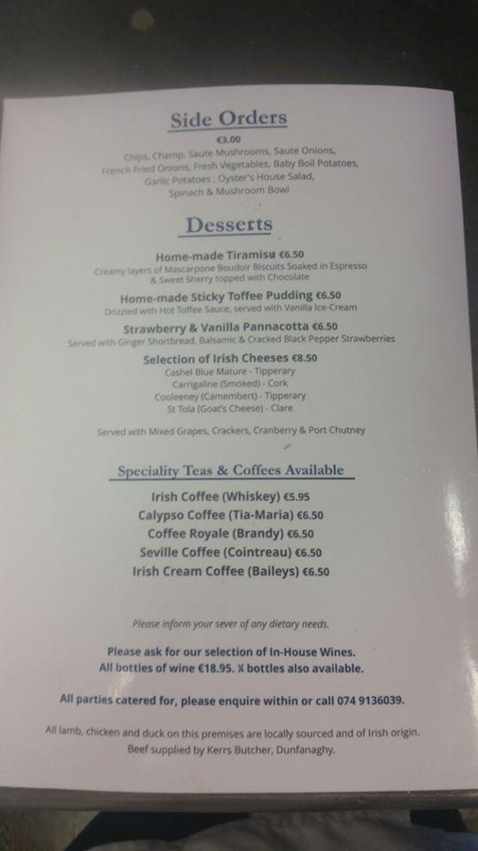 Menu at The Drunken Sailor restaurant, Donegal