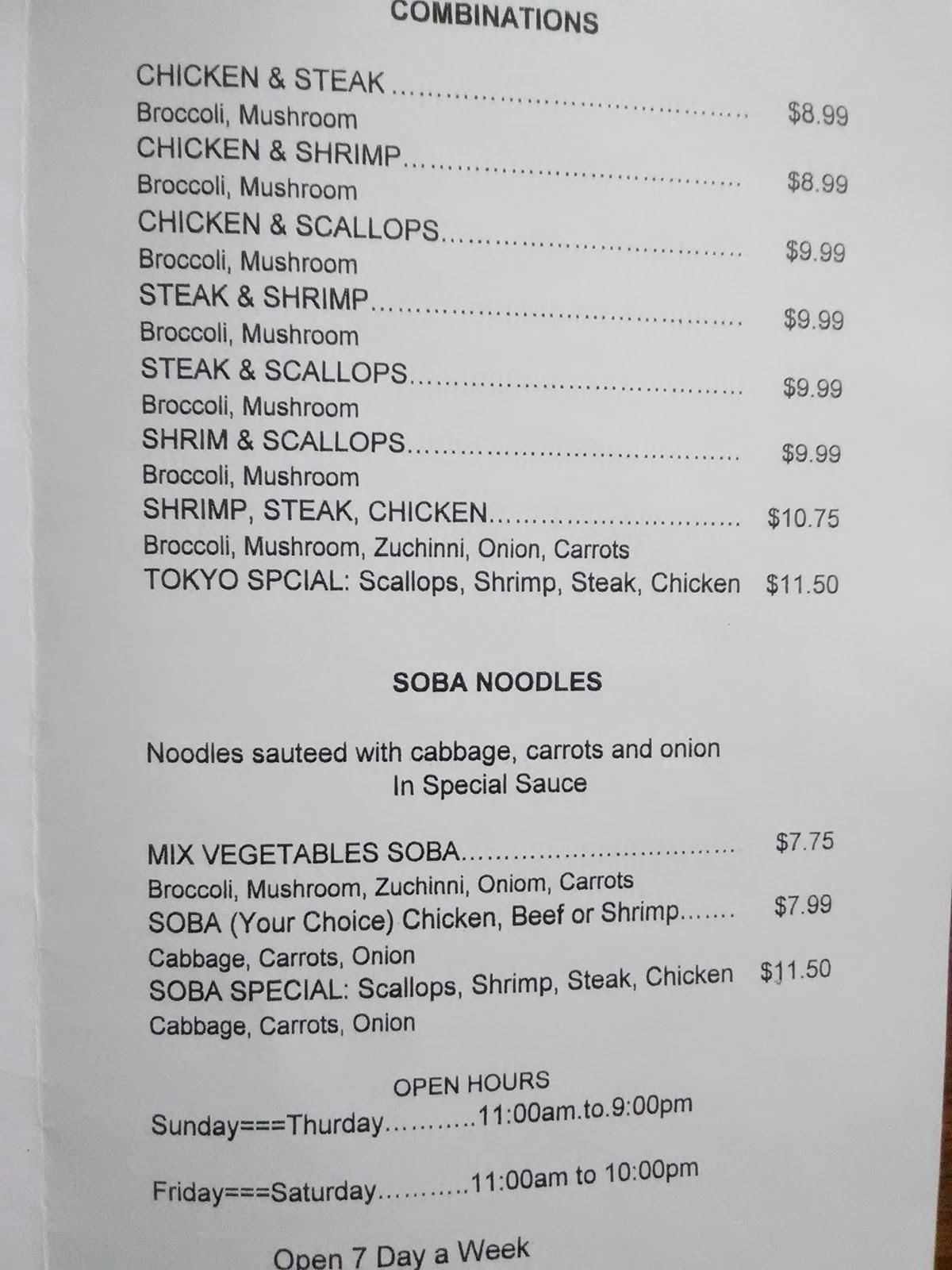 Menu at Tokyo Express restaurant, Martinsville