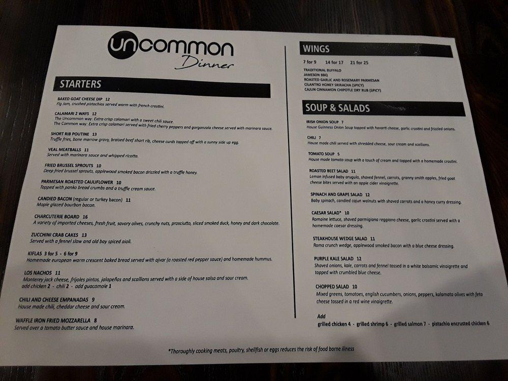 Menu at Uncommon Grill steakhouse, Watertown