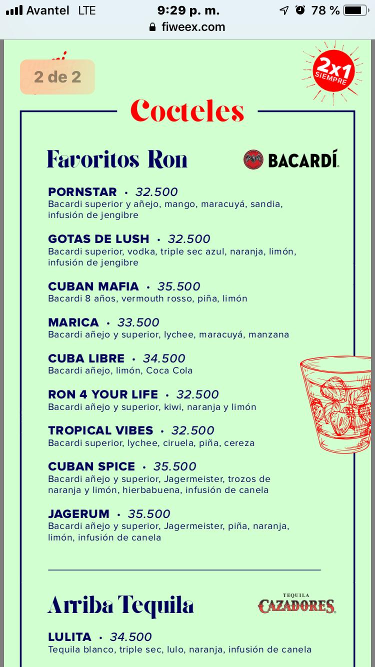 Carta del pub y bar Yumi Yumi, Bogotá, Zona Rosa