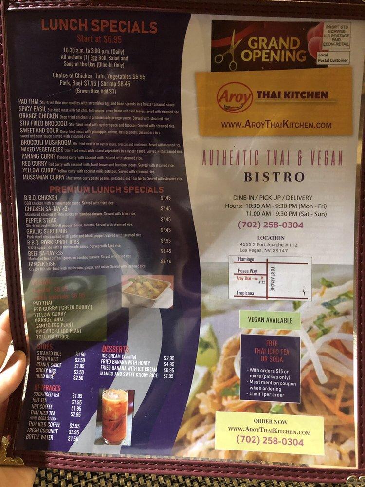 Menu at Aroy Thai Kitchen restaurant, Las Vegas