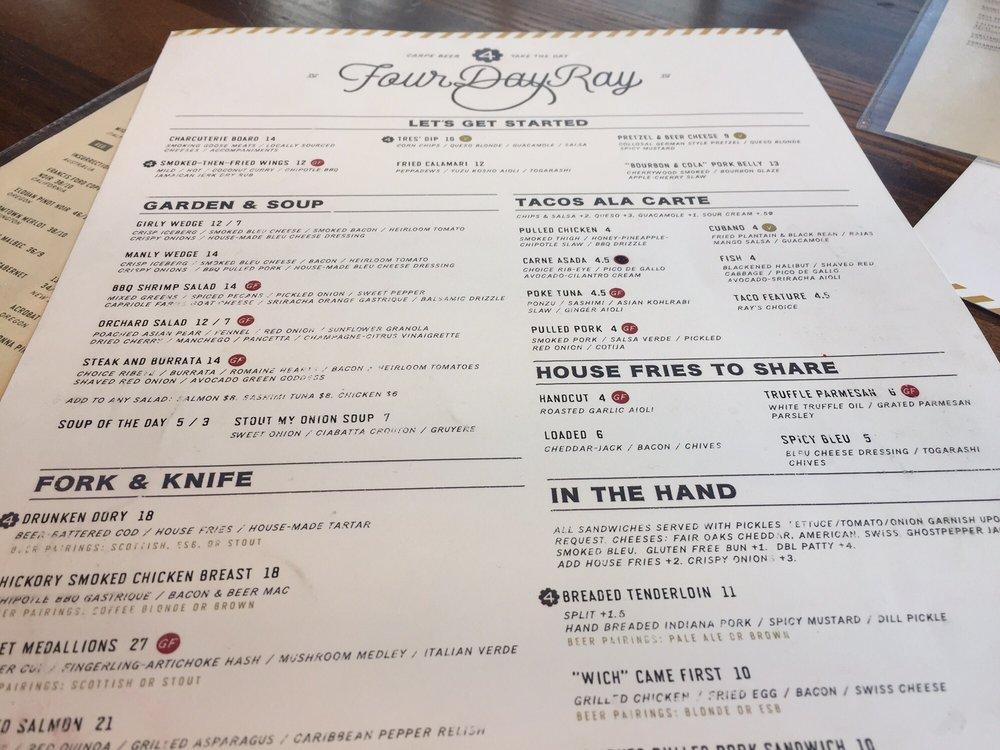 Menu at Four Day Ray Brewing pub & bar, Fishers