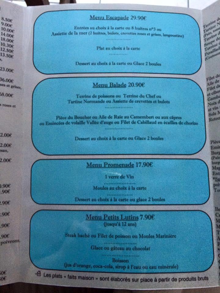 Menu au L’ Escapade restaurant, Luc-sur-Mer, 16 Rue du Dr Charcot