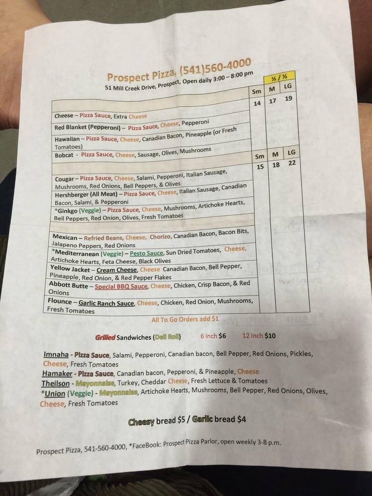 Menu at Prospect Pizza Company pub & bar, Prospect