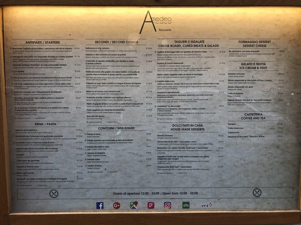 Menu at Ristorante Amedeo, Rome, Via Principe Amedeo