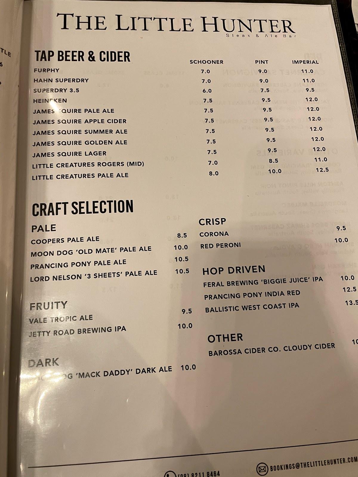 Menu at The Little Hunter pub & bar, Adelaide