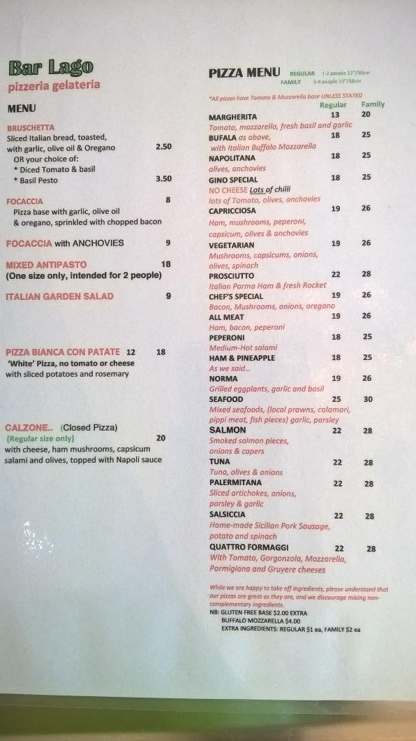Menu at Bar Lago Pizzeria Gelateria, Carrara