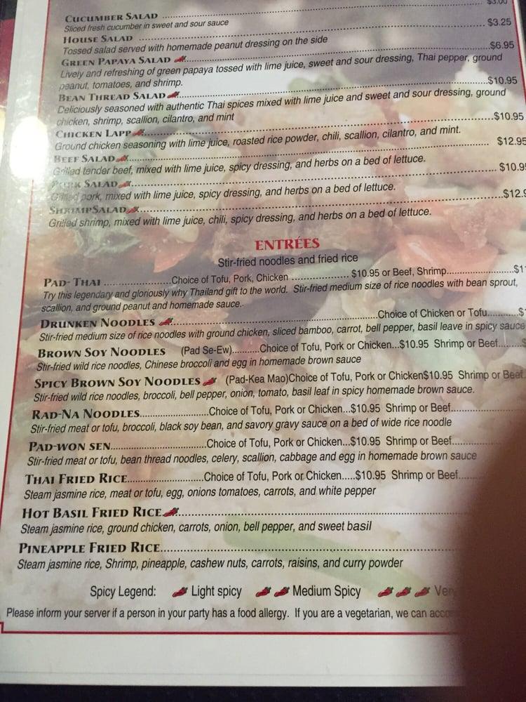 Menu at Bee's Thai Cuisine restaurant, Providence