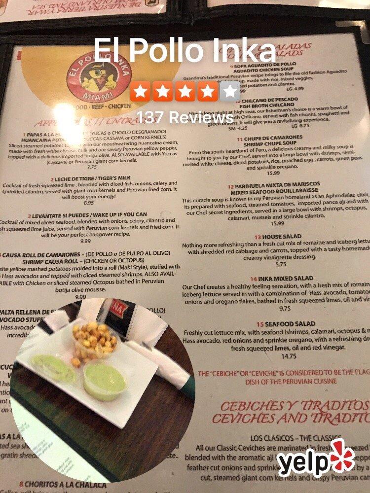 Menu at El Pollo Inka Miami restaurant, Miami, NW 36th St