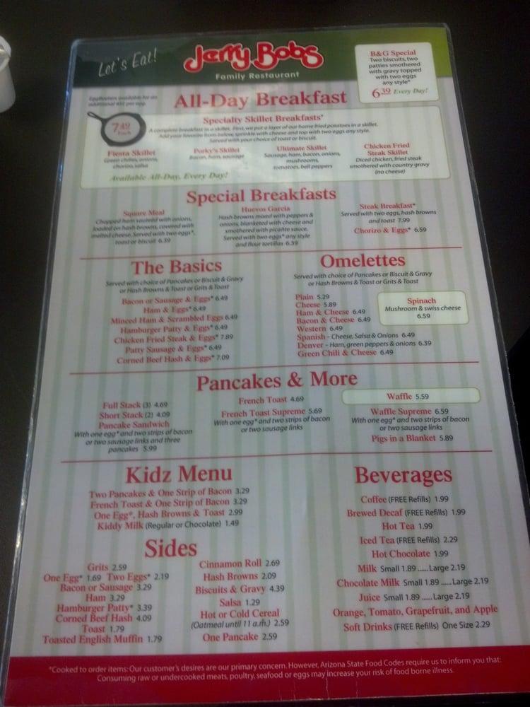 Menu at Jerry Bob's River restaurant, Tucson, W River Rd