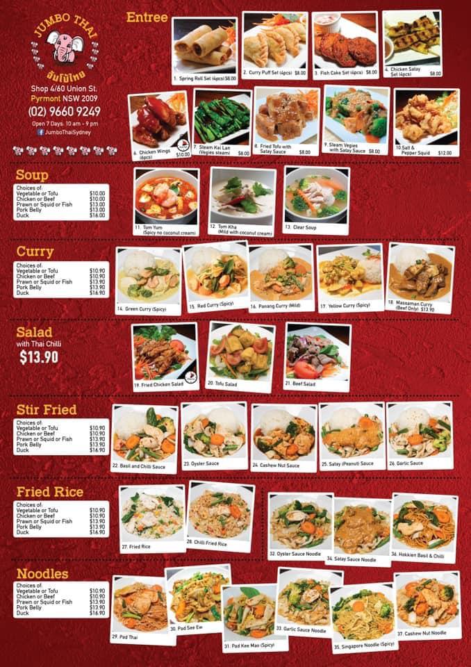 Menu at Jumbo Thai restaurant, Pyrmont, 60 Union St